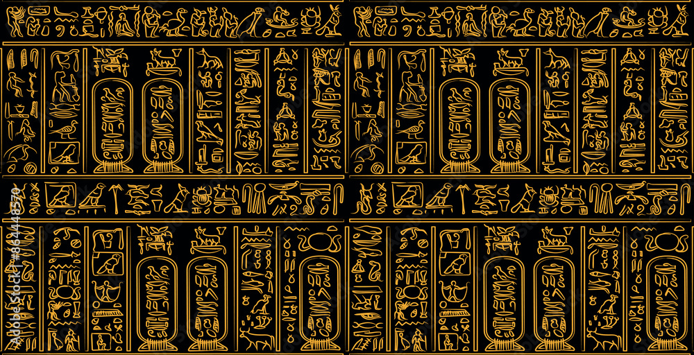 Golden ancient egyptian hieroglyphs alphabet pattern over black ...
