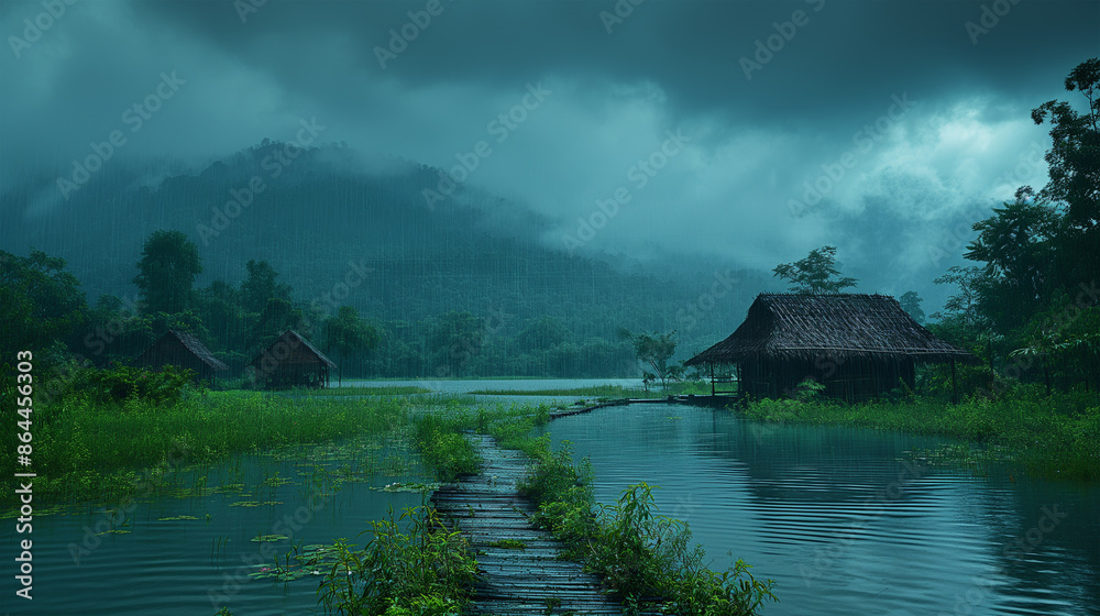 Beautiful landscape of rainy Indian village. Cool weather. Landscape ...
