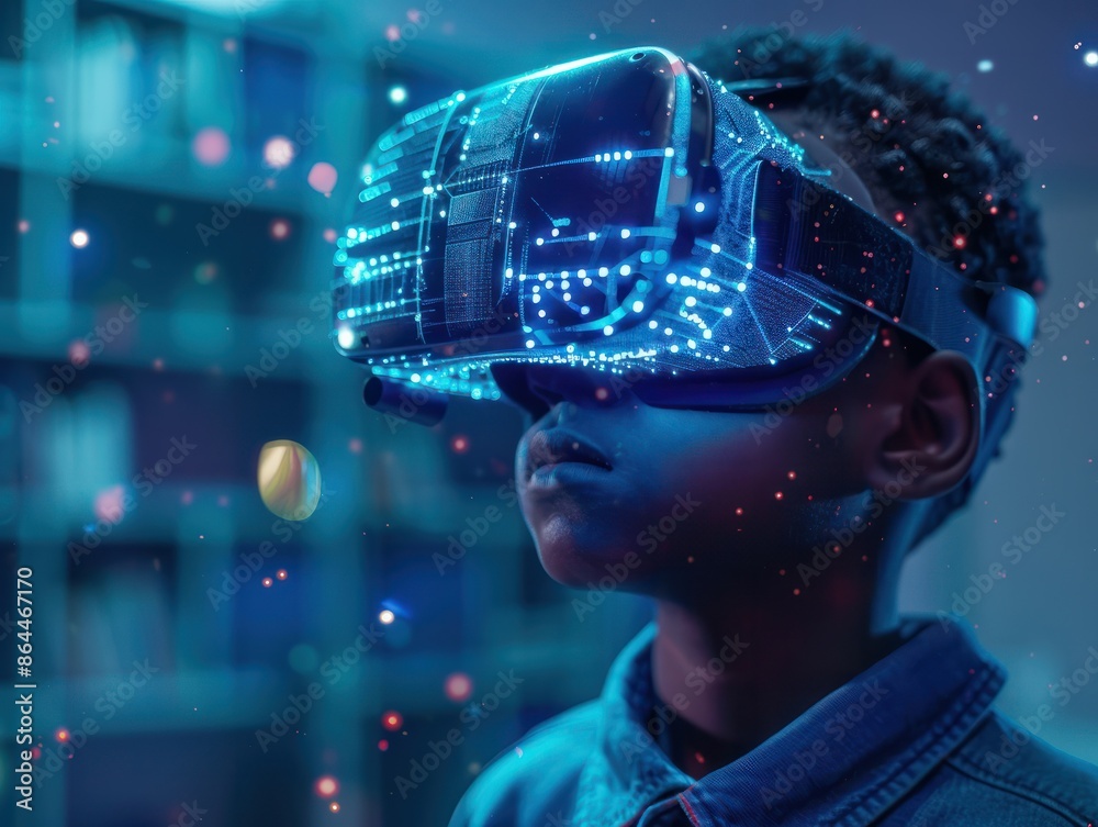 Black school boy pupil with VR headset using AI artificial intelligence ...