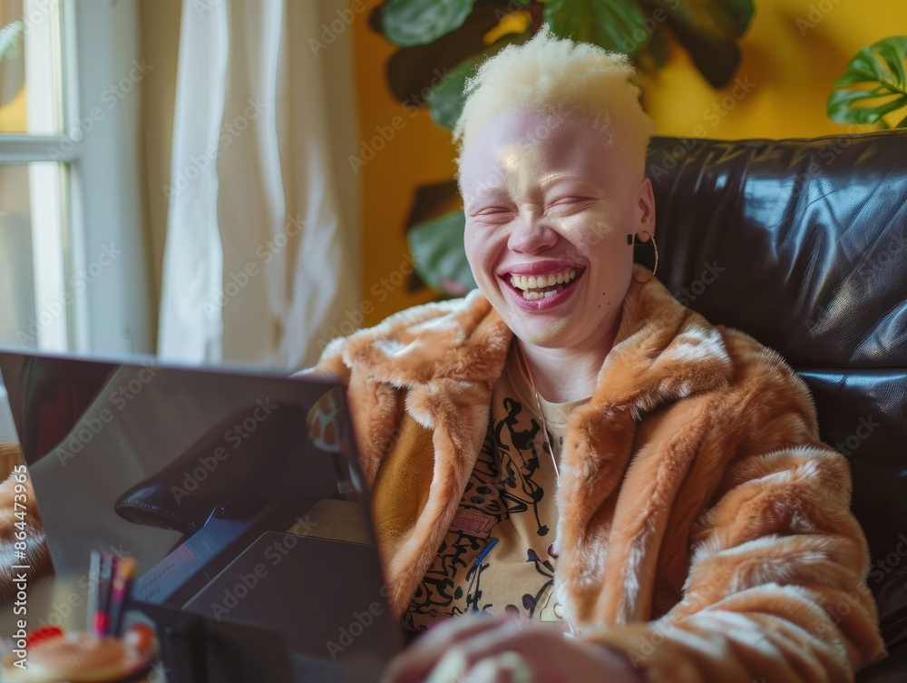 Happy albino woman working remotely at home. Candid black woman with ...