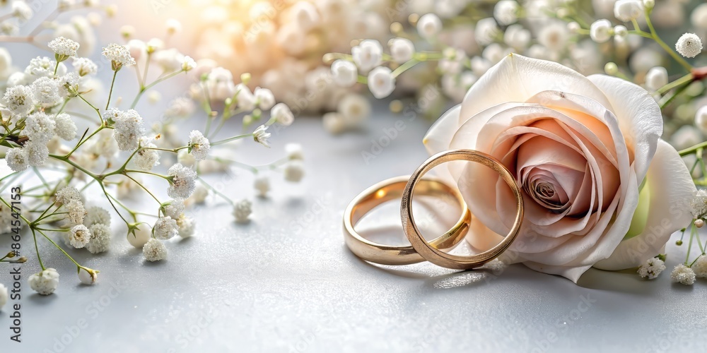 Delicate gypsophila branches and lush roses surround elegant white gold ...