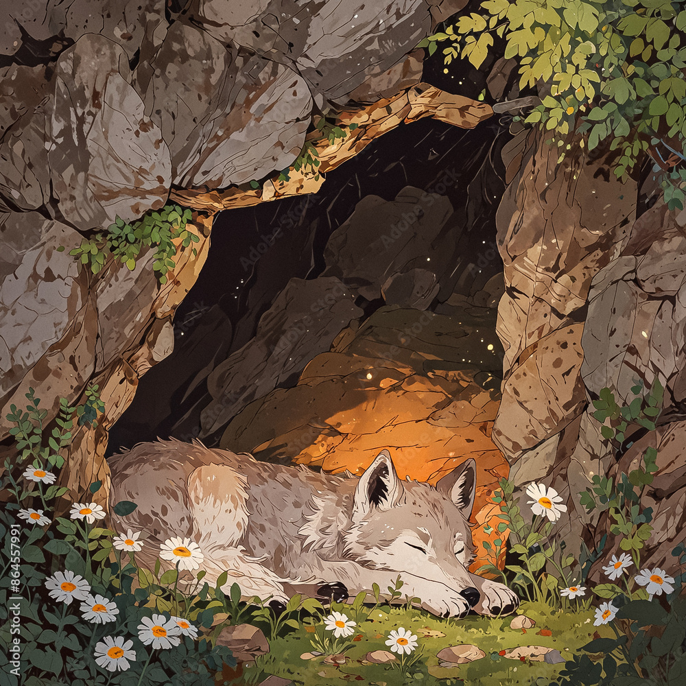 sleeping wolf in a cave for children book illustration animation ...