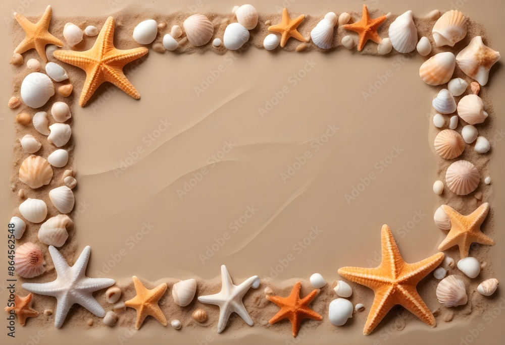 Starfish and shells framing over a sand beach background, free space in ...