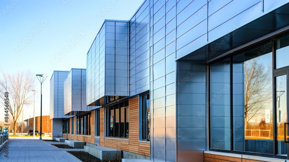 series of interlocking aluminum siding panels on a community center ...