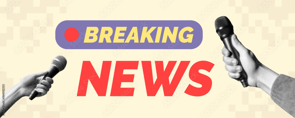 breaking news concept design with reporter hands holding microphones ...