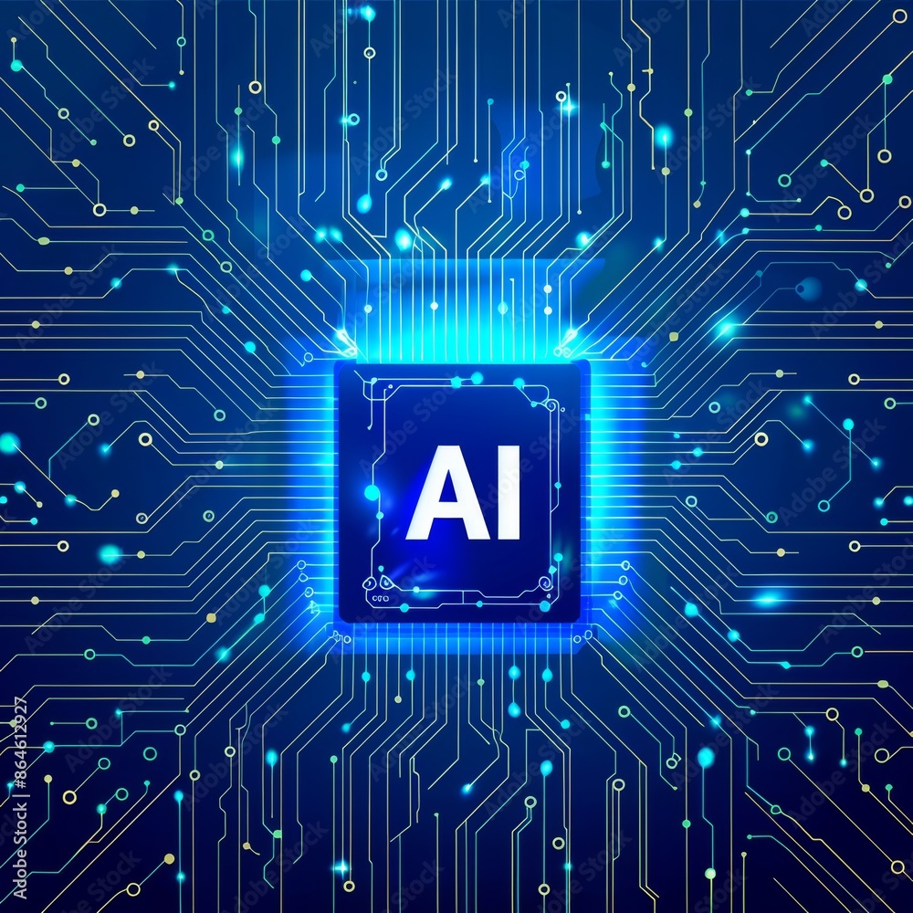 Tech Picture Reference. Abstract Blue Circuit with AI Symbols Stock ...