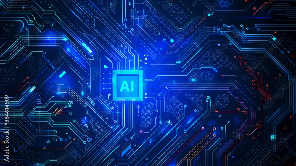 Tech Picture Reference. Abstract Blue Circuit with AI Symbols Stock ...