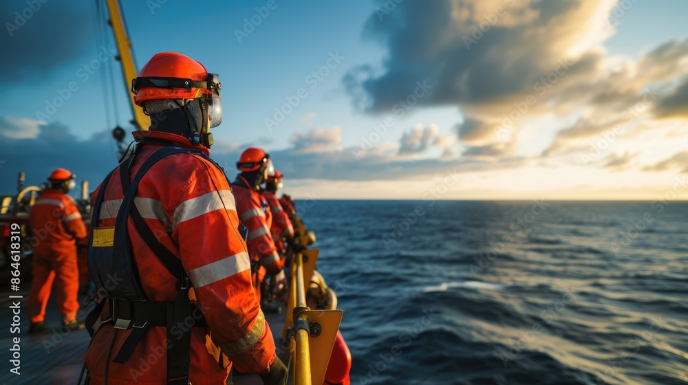 Oil workers, wearing helmets and personal protective equipment, stand ...