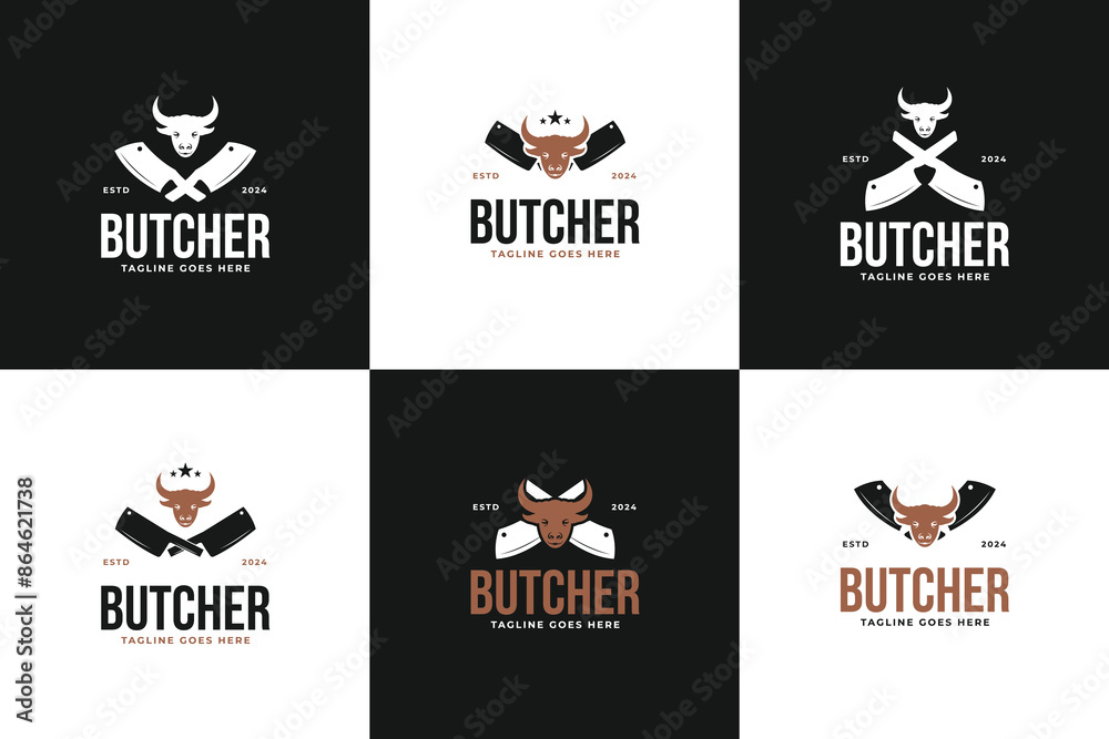 Set collection cleaver and cow head logo design for butcher vector ...