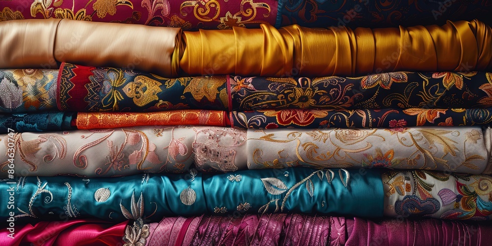 fabrics stacked - folded bolts of textiles in various colors and ...