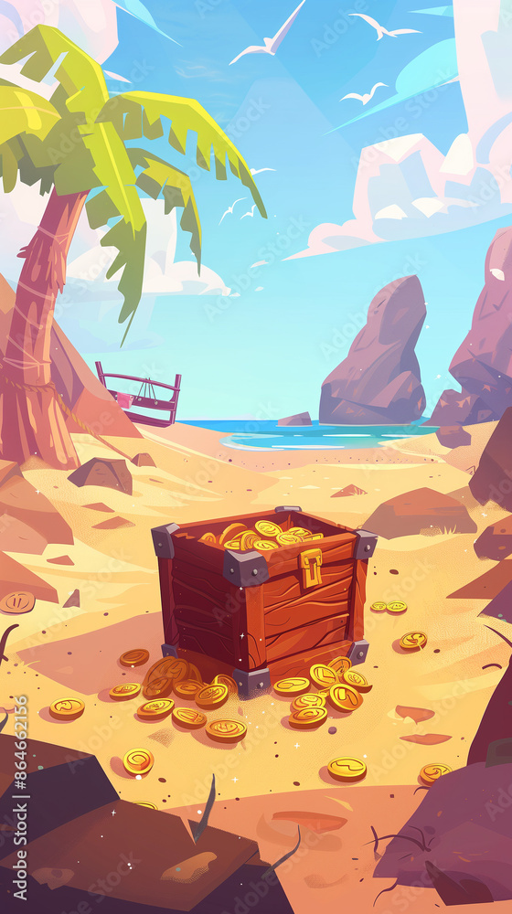 game background, Pirate buries treasure chest gold coins on island ...