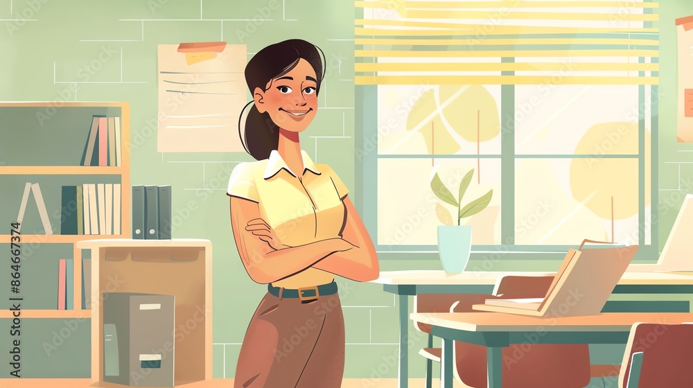 Smiling teacher, flat design, side view, classroom setting, cartoon ...