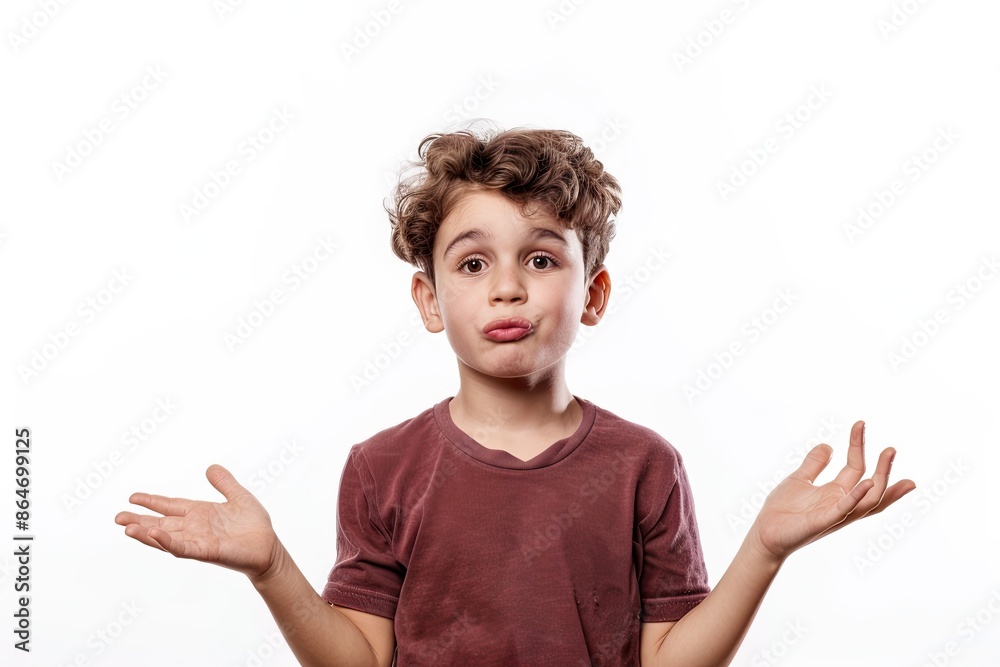 Confused young boy with a funny face shrugging his shoulders and palms ...