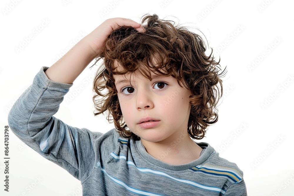 Confused young boy scratching his head with a puzzled expression ...