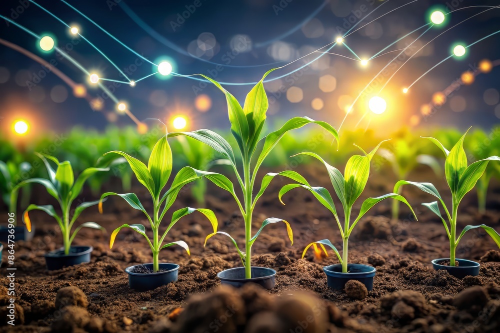 Illuminated corn seedlings with embedded IoT sensors and infographics ...