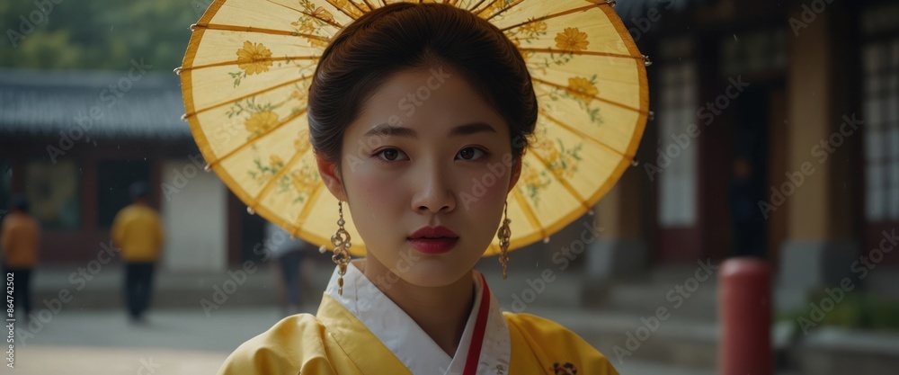 Korean girl wearing a hanbok wearing Yellow umbrella Beautiful Female ...