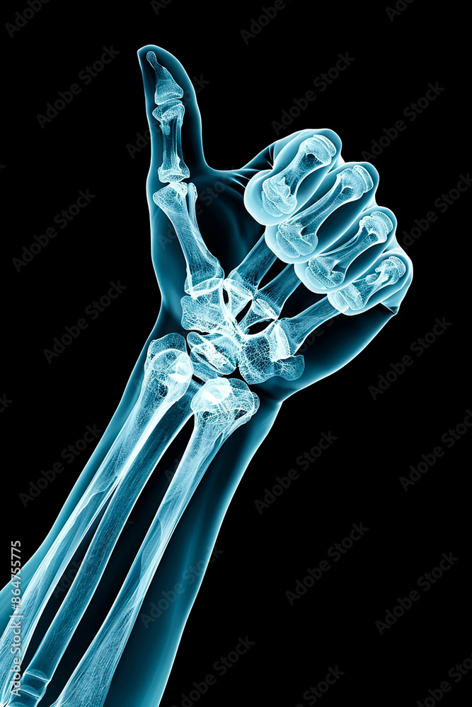 An x-ray image of a hand showing the bones clearly. The thumb is raised ...
