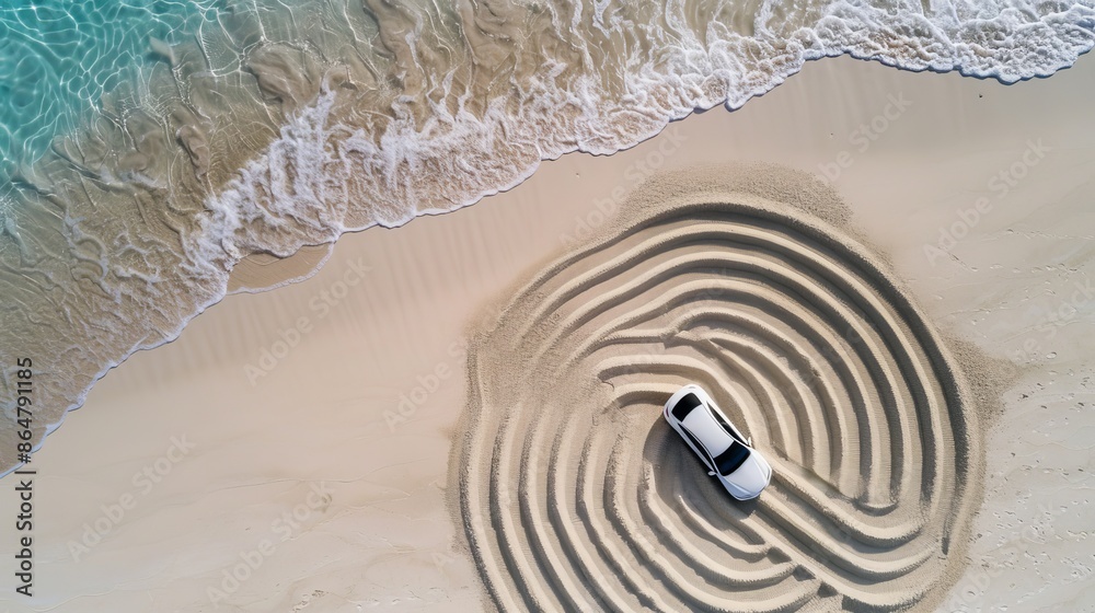 Advanced robot car creating sand art maze, detailed patterns on a beach ...