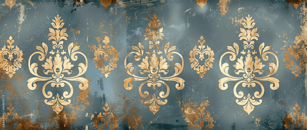 Distressed Blue and Gold Damask Wallpaper with Vintage Floral Pattern ...