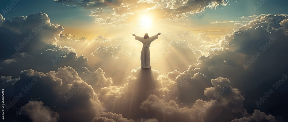 Jesus Christ Ascending to Heaven Amidst Bright Clouds and Light, Second ...