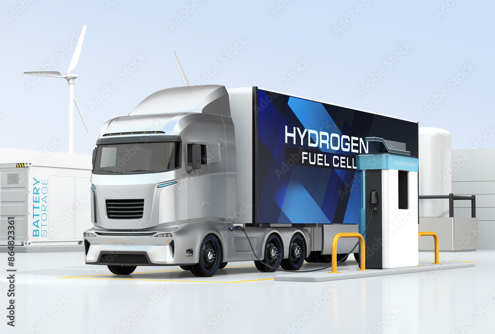 Fuel Cell Truck refueling in Hydrogen Station. The station equipped ...