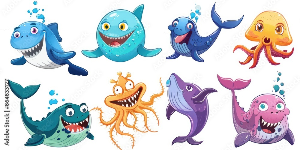 Colorful illustration of smiling cartoon sea creatures, including ...