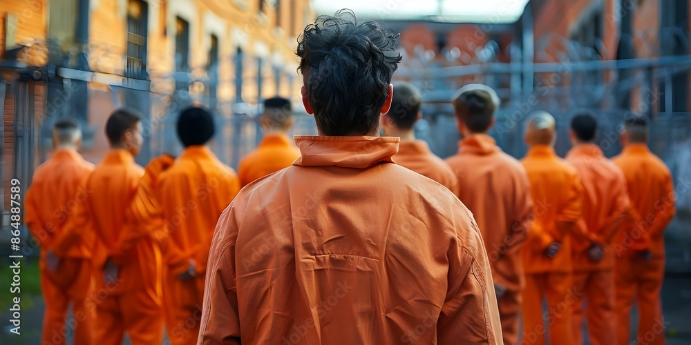 Prisoners in dystopian setting wearing orange jumpsuits gather in ...