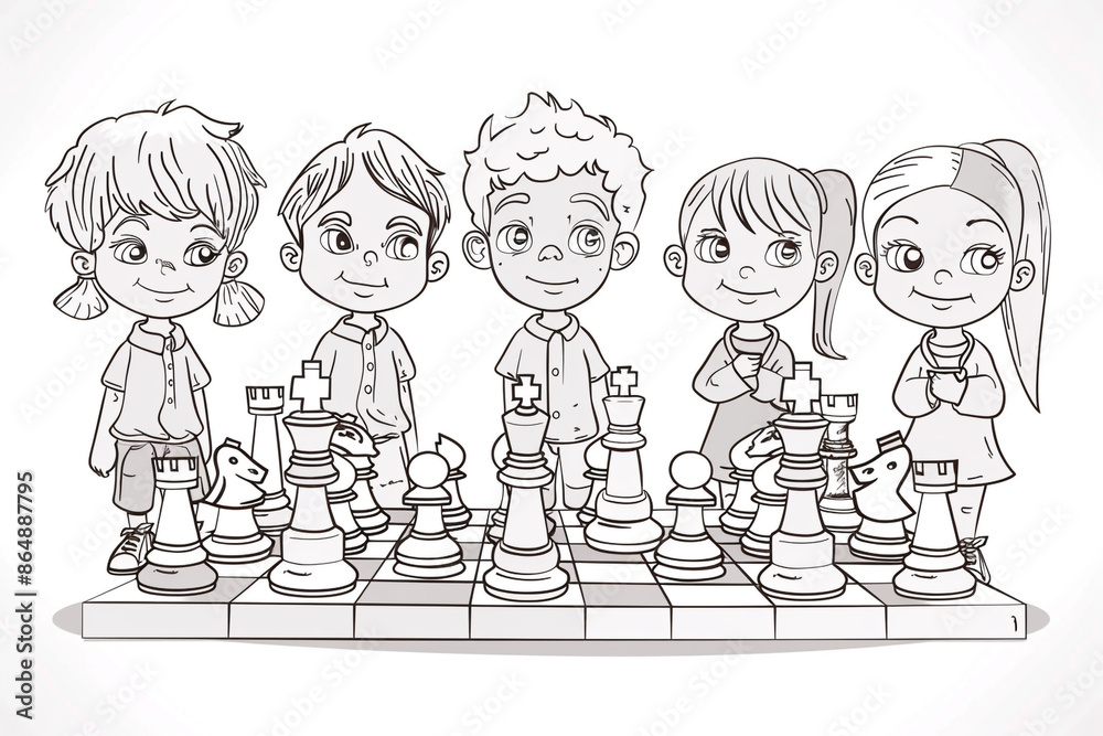 Cartoon kids with a school chess team, outlined for coloring, on a ...