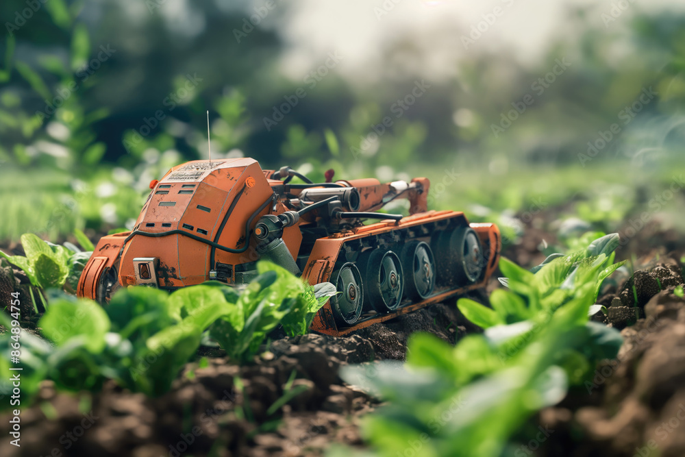 Small agricultural robot working in a field. High-tech farming ...
