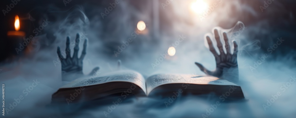 Mystical hands emerging from foggy mist with an open book under ambient ...