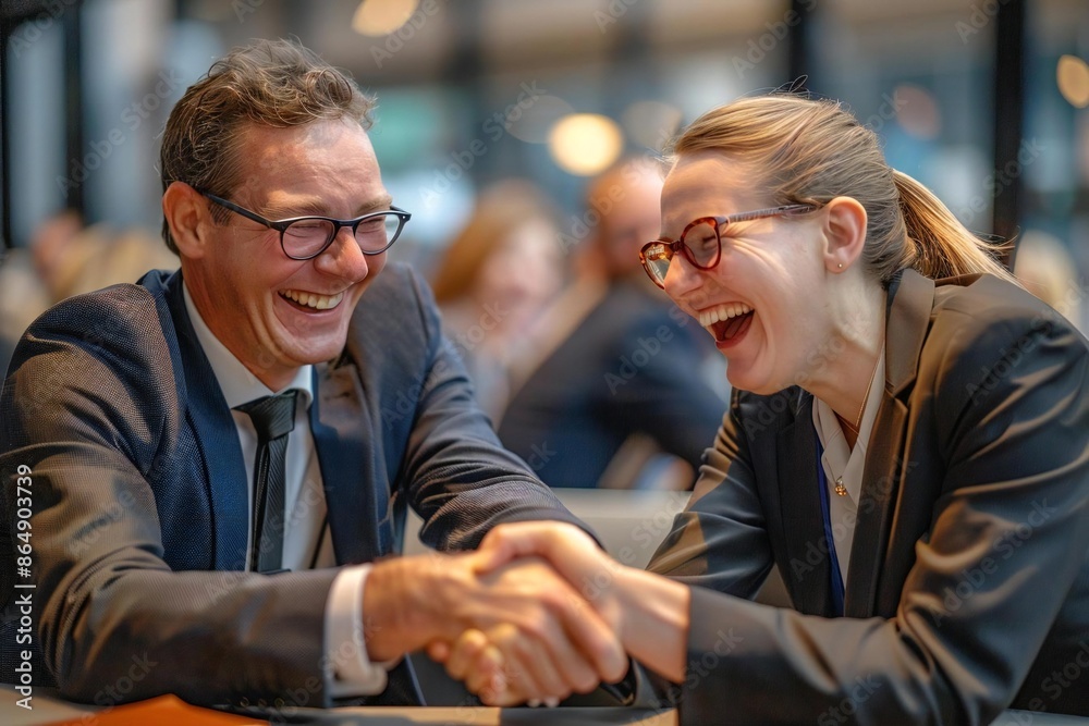 Business man and woman, both with glasses, laugh as they shake hands ...