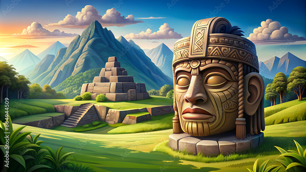 Ancient mayan civilization stone head sculpture ruins on valley with ...