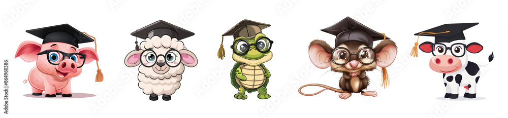 Cute cartoon animals wearing graduation caps and glasses, celebrating ...