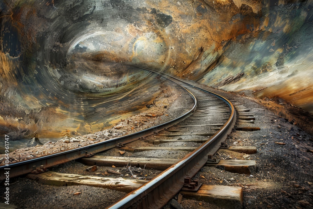Train tracks curve through a tunnel against a sky backdrop in a scenic ...
