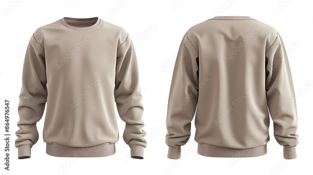 Sand color crew neck blank template front and back view isolated on ...