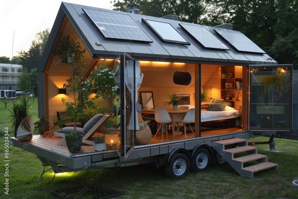 Small portable house with solar panel roof and foldout patio, A tiny ...