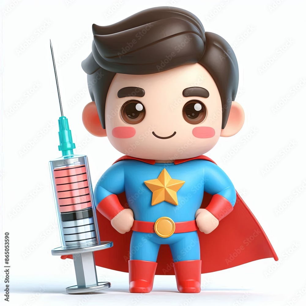cute man super hero with star on chest holding injection cartoon ,3d ...