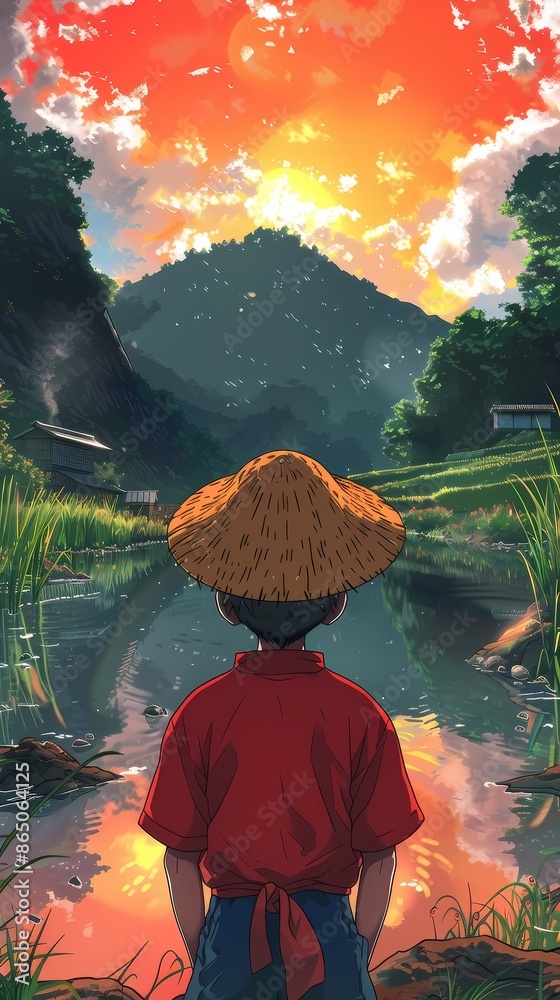 Boy watching rural landscape sunset scene with farm Anime illustration ...
