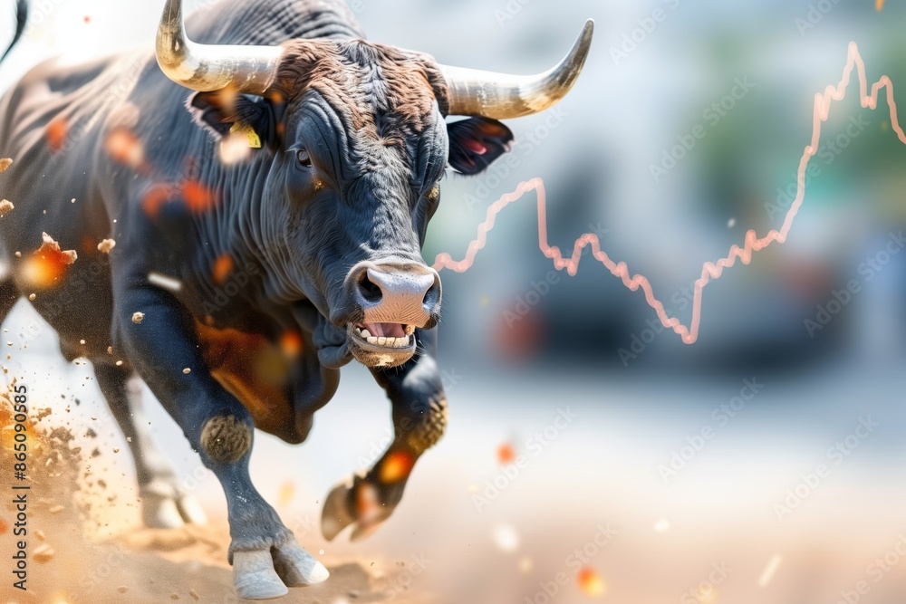 Charging bull in a rodeo arena with stock market chart overlay ...