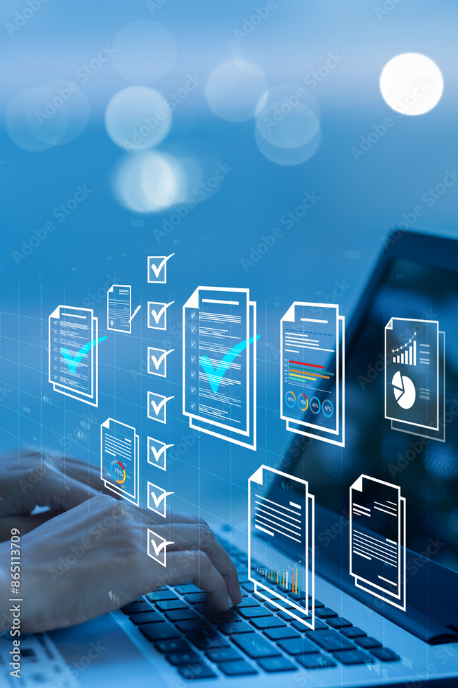 Document management concept, check electronic documents on digital documents on virtual screen ...