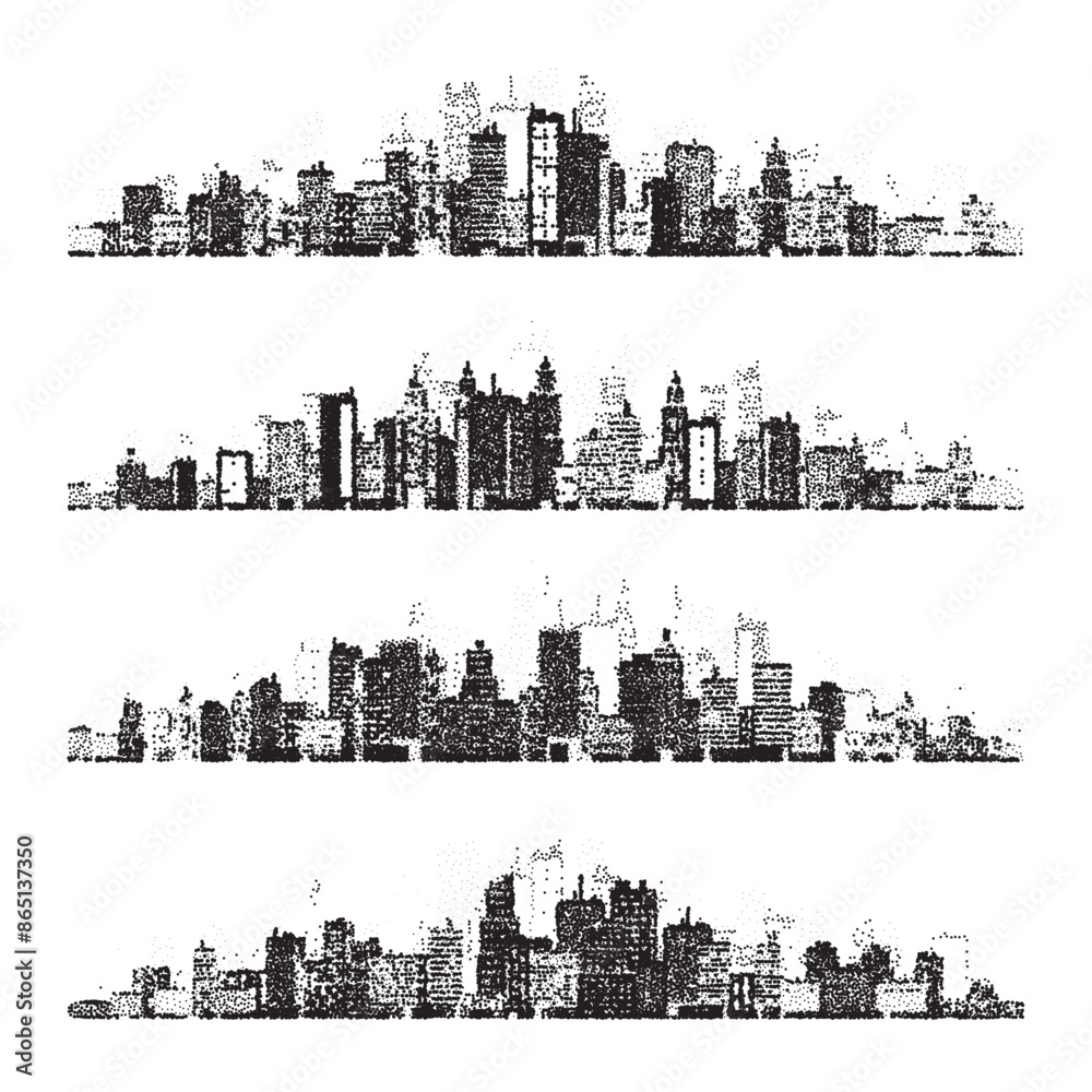 Stippled city silhouettes. Cityscape, town skyline. Midtown, downtown ...