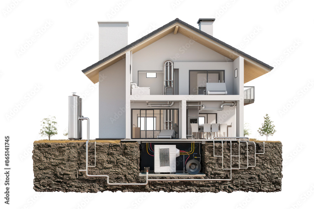 Cross-section view of a house showing the plumbing and heating systems ...