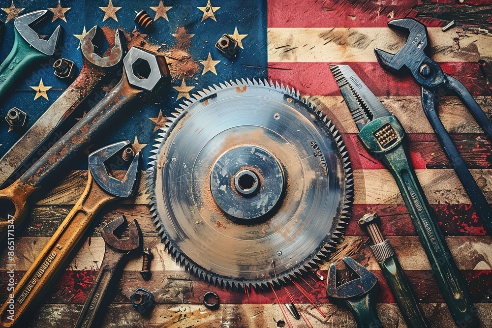Patriotic collection of worn and used work tools with small US American ...