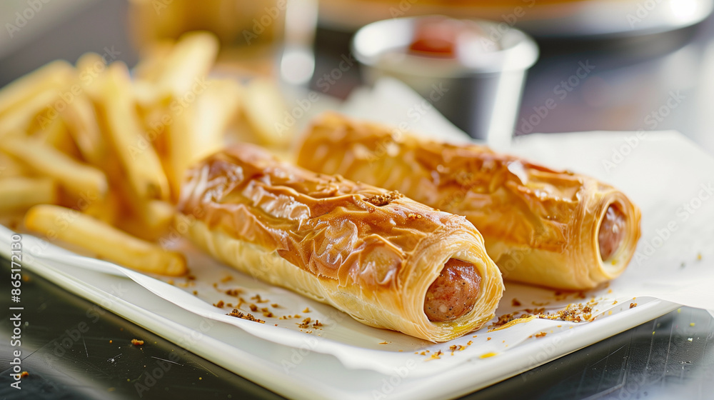 Cooked party flaky beef mince sausage roll tomato hot potato chips ...