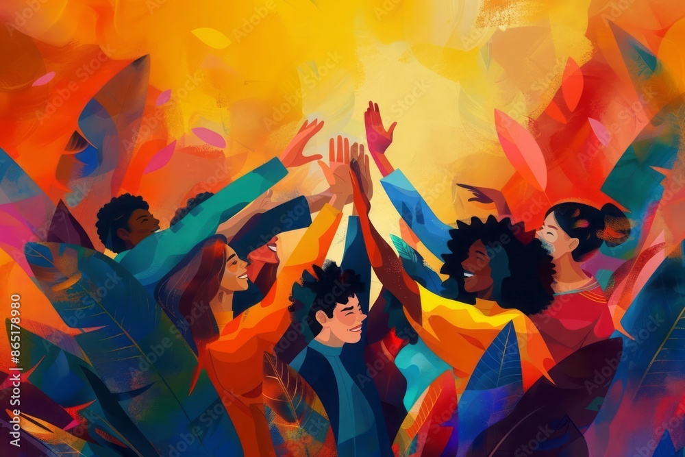 Diverse team celebrates success with a high five against vibrant ...