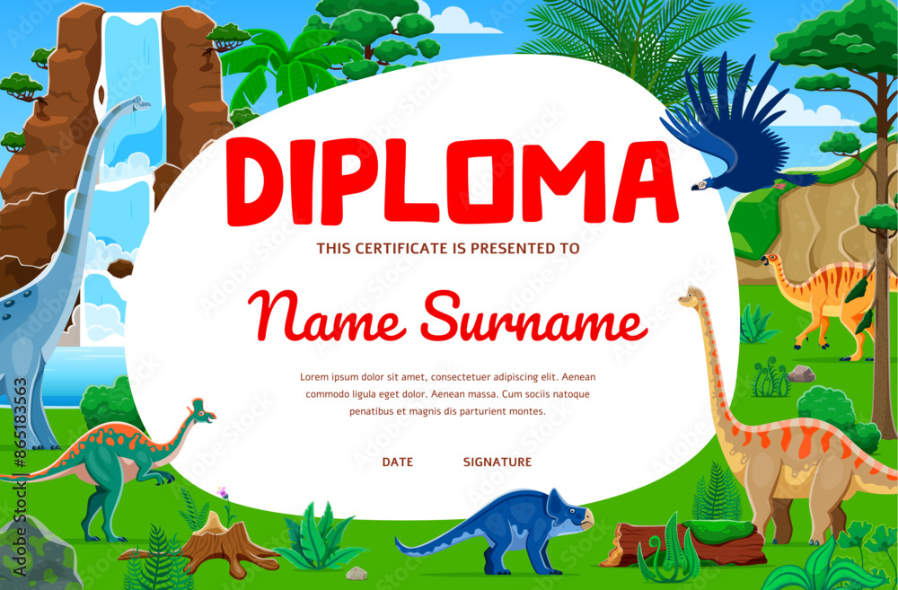 Kids diploma, dinosaurs in jungle with waterfall background frame. Kids ...