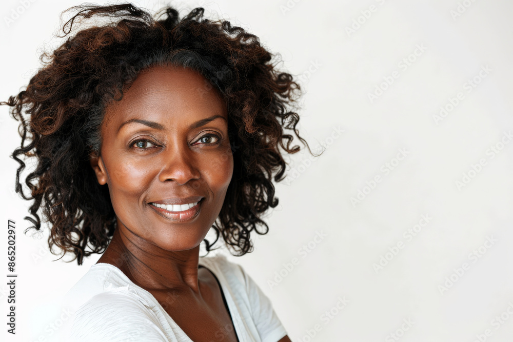 Stunning mid aged mature Black woman with a radiant smile, gazing at ...