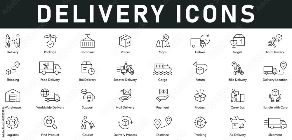 delivery Icons vector illustration with thin line editable stroke ...