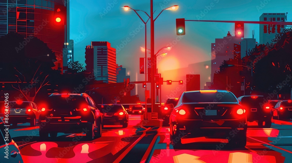 light traffic red road city background signal urban downtown town ...