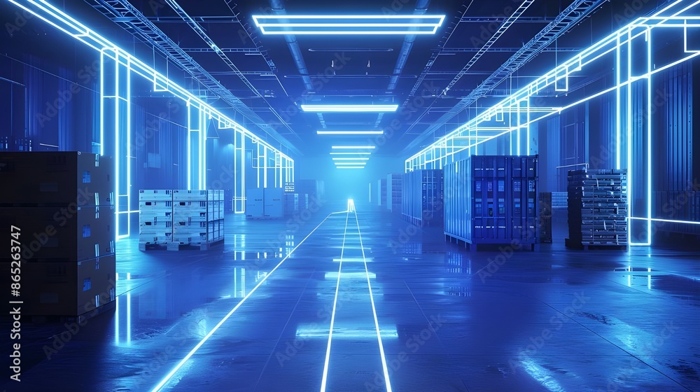 Warehouse with pallets neon lines and grids. Digital logistic ...
